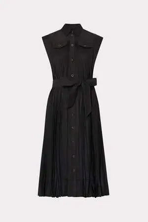MILLY Johanna Pleated Twill Midi Dress - Black