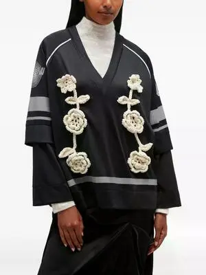 GANNI Crocheted Flower Embellished V-neck Top - Black