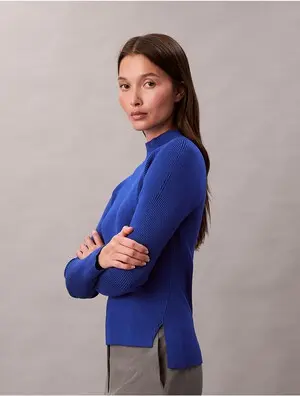 Calvin Klein Tech Knit Ribbed Mock Neck Sweater - Cobalt Combo