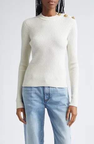 Balmain Button Detailed Ribbed Cashmere Sweater - Natural