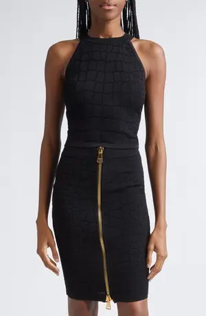 Balmain Croc Jacquard Knit Crop Tank