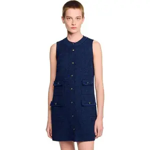 Sandro Short Tweed Dress With Button Details - Navy Blue