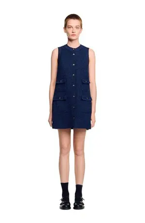 Sandro Short Tweed Dress With Button Details - Navy Blue