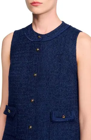 Sandro Short Tweed Dress With Button Details - Navy Blue