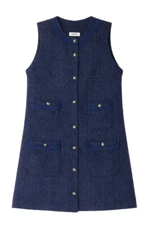 Sandro Short Tweed Dress With Button Details - Navy Blue