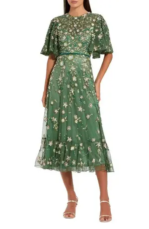 Mac Duggal Floral Embellished Flutter Sleeve Midi Dress - Sage