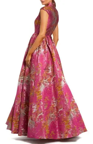 Mac Duggal Metallic Jacquard Ball Gown With Shawl Collar - Raspberry Multi