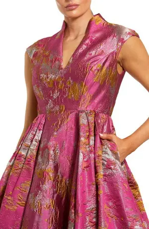 Mac Duggal Metallic Jacquard Ball Gown With Shawl Collar - Raspberry Multi