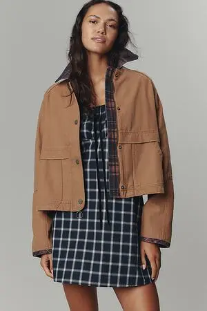 PILCRO The Lexie Cropped Workwear Jacket - Chestnut Plaid Combo
