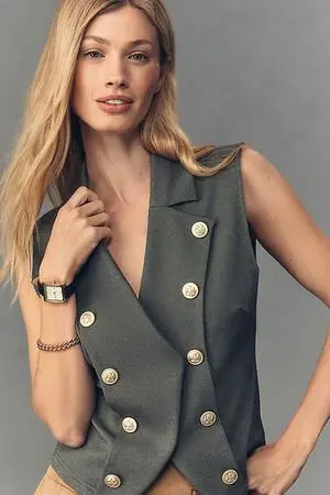 Anthropologie Button Detailed Vest - Green Grey