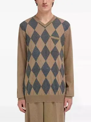 FERRAGAMO V-neck Argyle Virgin-wool Sweater - Neutrals