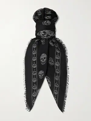 Alexander McQueen Fringed Printed Modal And Silk-blend Scarf - Black