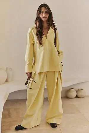 Free People Collared Pullover And Wide-Leg Pants Set Banana Cream