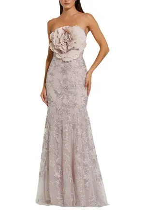 Mac Duggal Beaded Applique Mermaid Gown With Floral Detail - Mocha