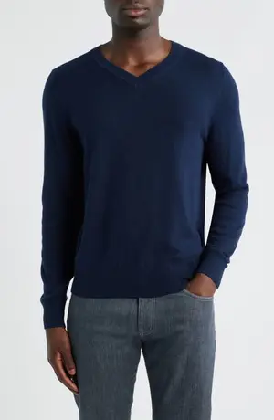 Nordstrom Cotton And Cashmere V-neck Sweater - Navy Night