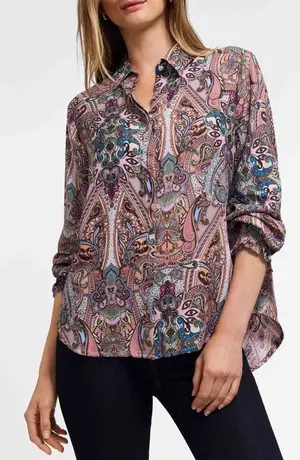 Foxcroft Paisley Print Button-up Shirt With Smocked Cuffs