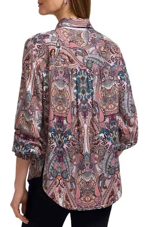 Foxcroft Paisley Print Button-up Shirt With Smocked Cuffs