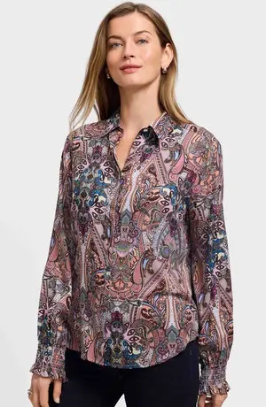 Foxcroft Paisley Print Button-up Shirt With Smocked Cuffs
