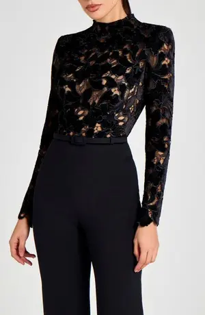 NADINE MERABI Lace Mock Neck Velvet Jumpsuit