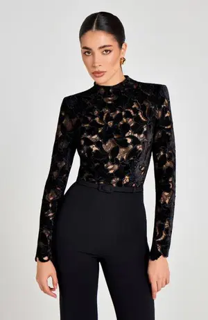 NADINE MERABI Lace Mock Neck Velvet Jumpsuit