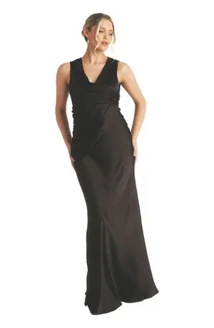 SIX STORIES Satin Plunge Draped Bridesmaid Dress - Black