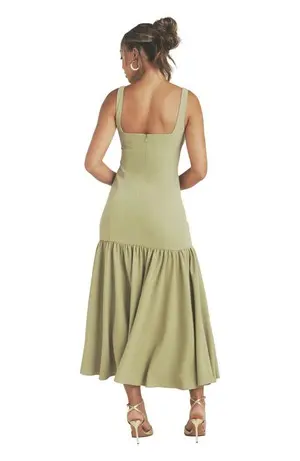 SIX STORIES Square Neck Drop Hem Midi Dress