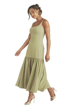 SIX STORIES Square Neck Drop Hem Midi Dress