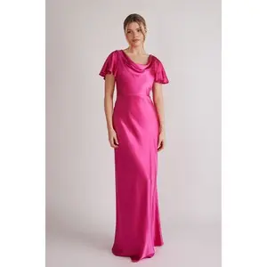 SIX STORIES Flutter Sleeve Satin Bridesmaid Dress - Fuchsia