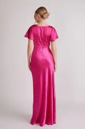 SIX STORIES Flutter Sleeve Satin Bridesmaid Dress - Fuchsia