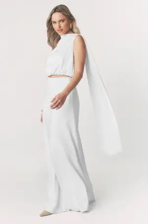 SIX STORIES Satin High Neck Top With Drape Detail - Ivory