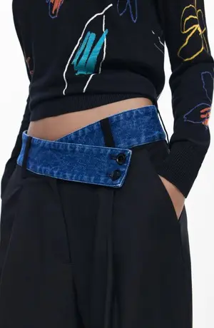Desigual Denim Crossover Waist Wide Leg Trousers - Black