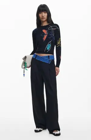 Desigual Denim Crossover Waist Wide Leg Trousers - Black