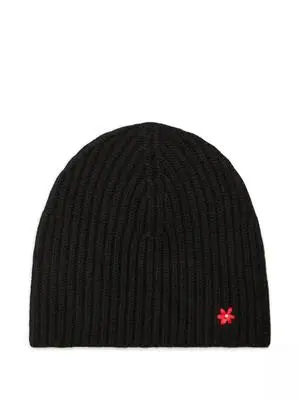 Tory Burch Ribbed Beanie With Embroidered Flower - Black