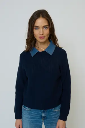 Central Park West Denim Collar Pullover - Navy