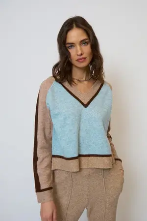 Central Park West Color Blocked V-neck Sweater