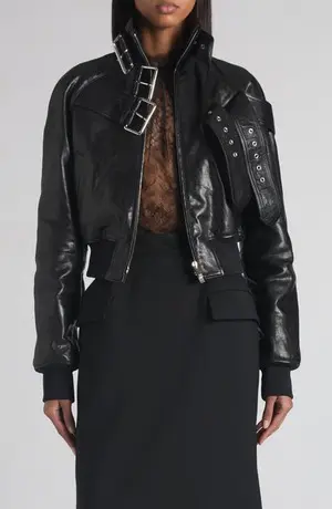 Alexander McQueen Lambskin Leather Cropped Bomber Jacket With Belt Detail