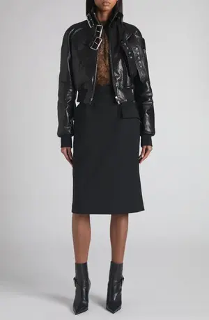 Alexander McQueen Lambskin Leather Cropped Bomber Jacket With Belt Detail