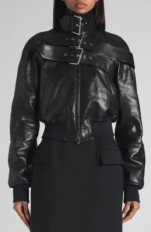 Alexander McQueen Lambskin Leather Cropped Bomber Jacket With Belt Detail