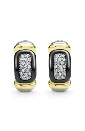 Lagos Black Ceramic Diamond Huggie Earrings - Two Tone