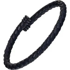 LINK UP Braided Leather Bracelet With Stainless Steel End Caps - Black
