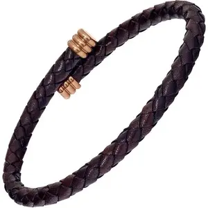 LINK UP Braided Leather Bracelet With Stainless Steel End Caps - Brown