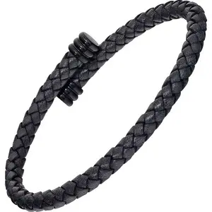 LINK UP Braided Leather Bracelet With Stainless Steel End Caps - Dark Grey