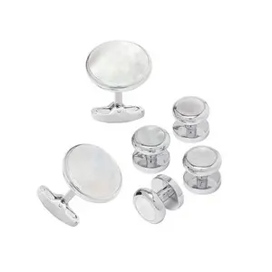 LINK UP Classic Round Brass And Gemstone Cufflinks And Tuxedo Studs - White