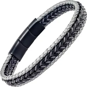 LINK UP Braided Leather And Stainless Steel Bracelet - Black/grey