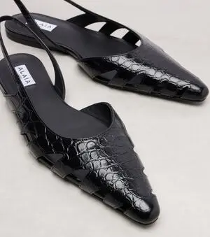 Alaïa Croc-effect Leather Slingback Flats - Black