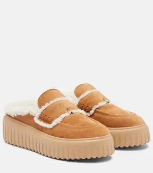 Hogan Shearling-trimmed Suede Slippers
