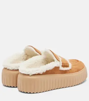 Hogan Shearling-trimmed Suede Slippers