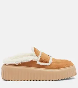 Hogan Shearling-trimmed Suede Slippers