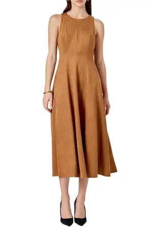 Endless Rose Sleeveless Faux Suede Midi A-line Dress - Camel