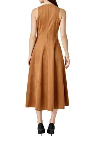 Endless Rose Sleeveless Faux Suede Midi A-line Dress - Camel